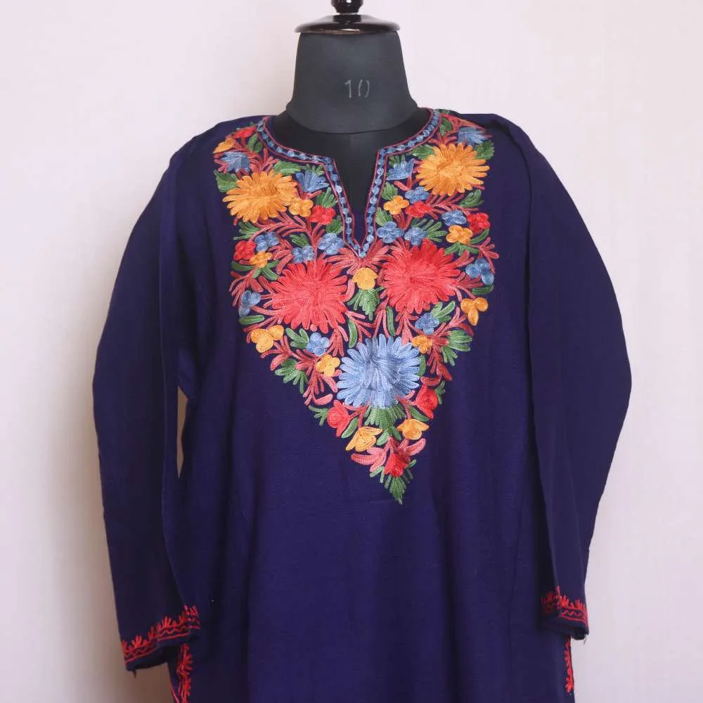 Exquisite Dark Blue Cashmilon Pheran | Feran with Aari Embroidery ...