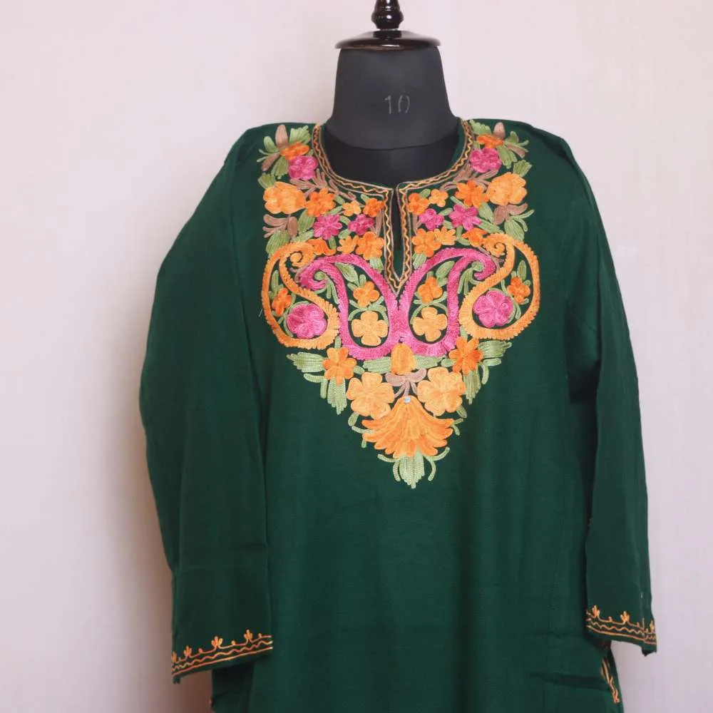 Dark Green Cashmilon Pheran with Adorable Aari Work - Sonwar Collection ...