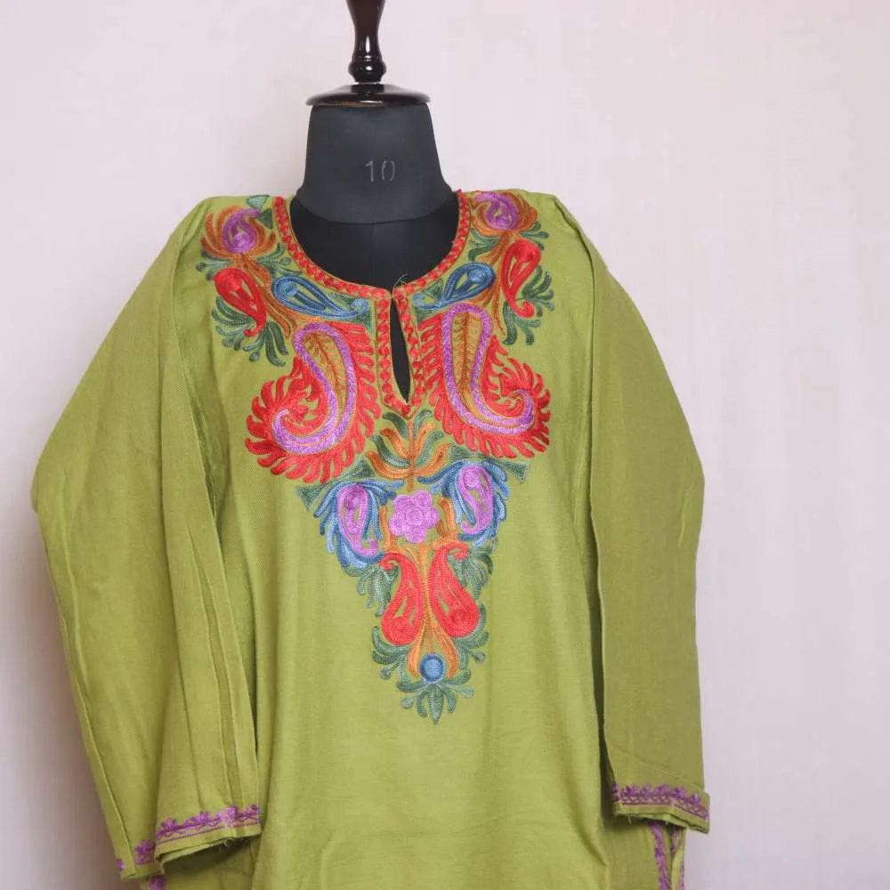 Parrot Green Aari Work Cashmilon Pheran - Sonwar Collection - Gyawun