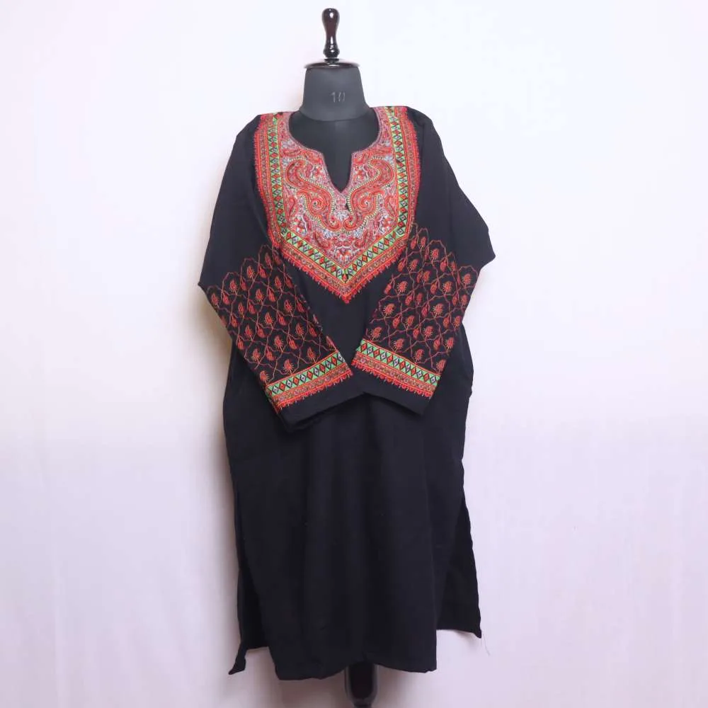 Black Cashmilon Kashmiri Feran | Pheran - Needle Embroidery with Sleeve ...