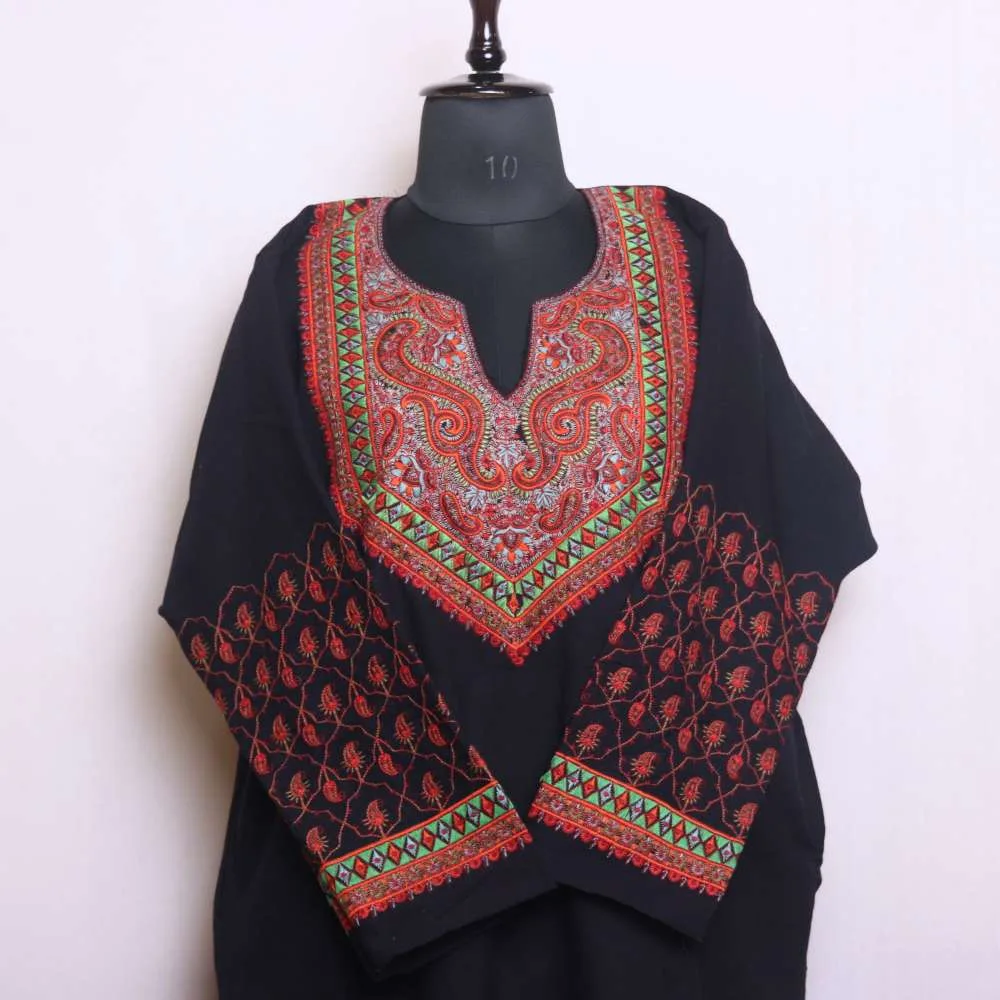 Kashmiri Cashmilon Black Feran | Pheran - Needle Embroidery with Sleeve ...