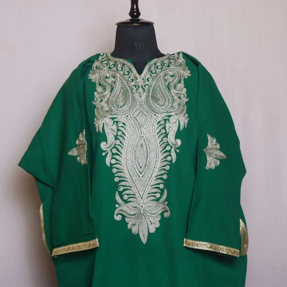 Sophisticated Darl Green Zari Embroidered Cashmilon Pheran | Feran ...