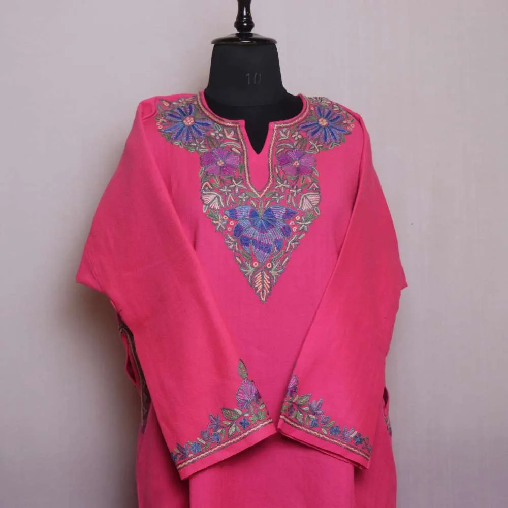 Elegant Pink Raffal Pheran | Feran with Hand Aari Embroidery ...