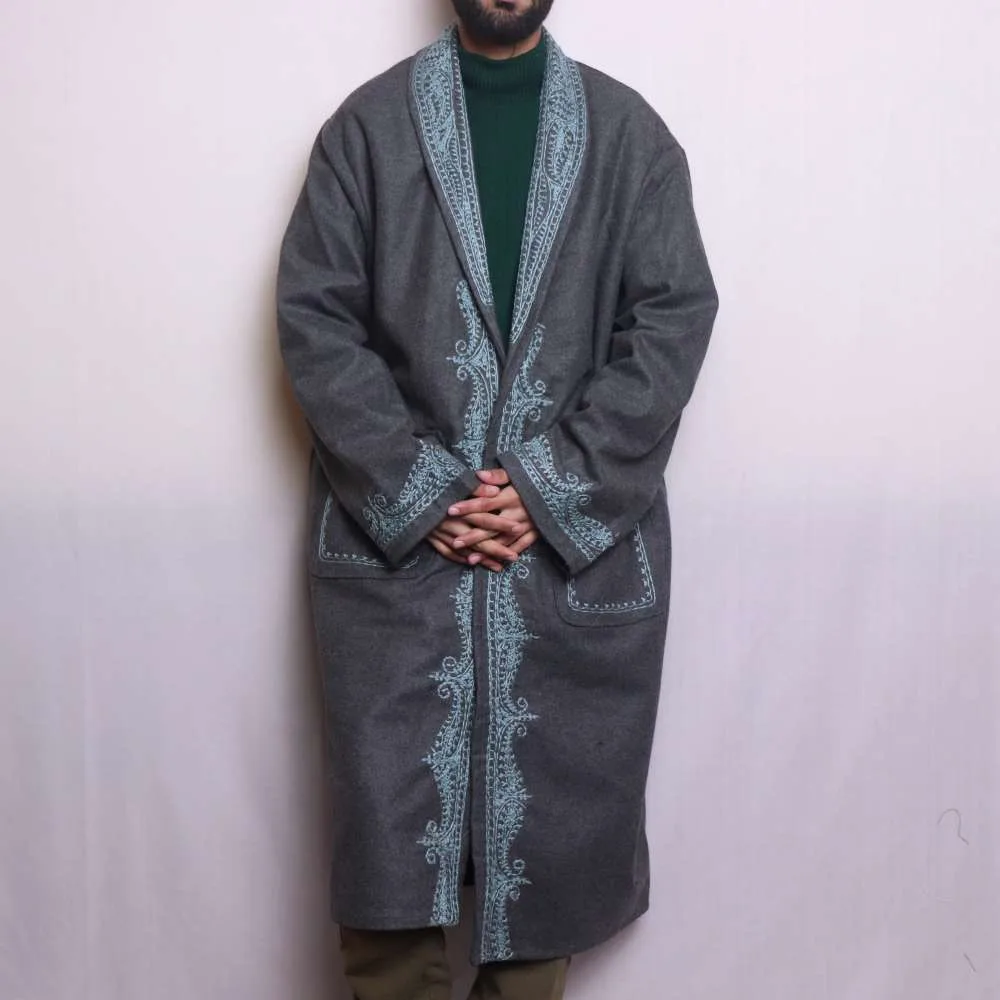 Dark Grey Plain Woolen Tweed Gown | Robe with Crystal Blue Hand Aari ...