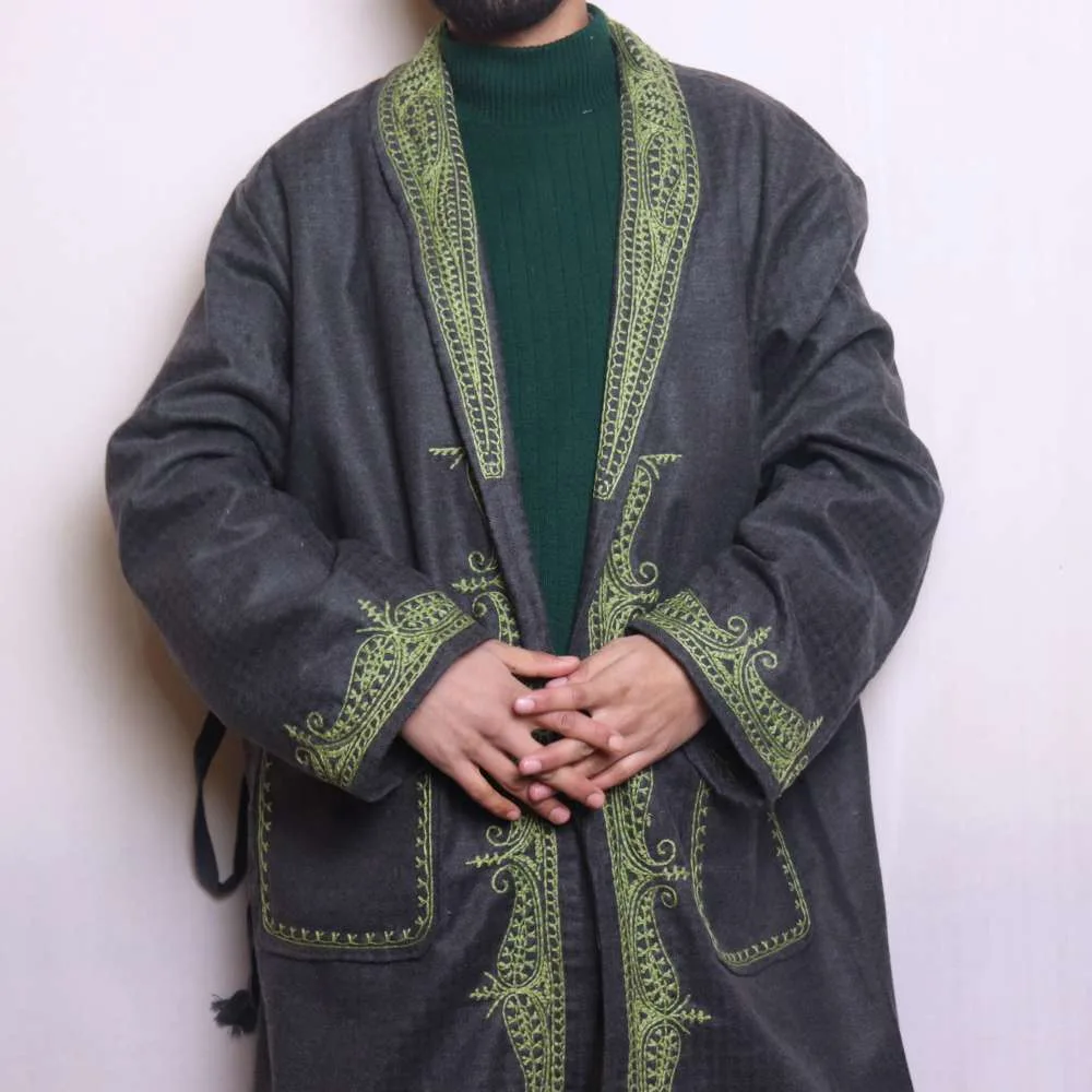 Winter-Ready Grey Tweed Woolen Gown | Robe with Lime Green Aari ...