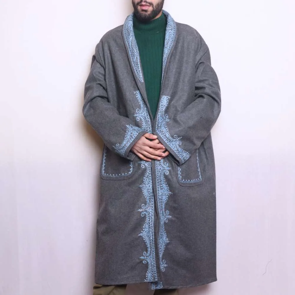 Light Grey Tweed Woolen Gown | Robe with Blue Aari Embroidery for ...