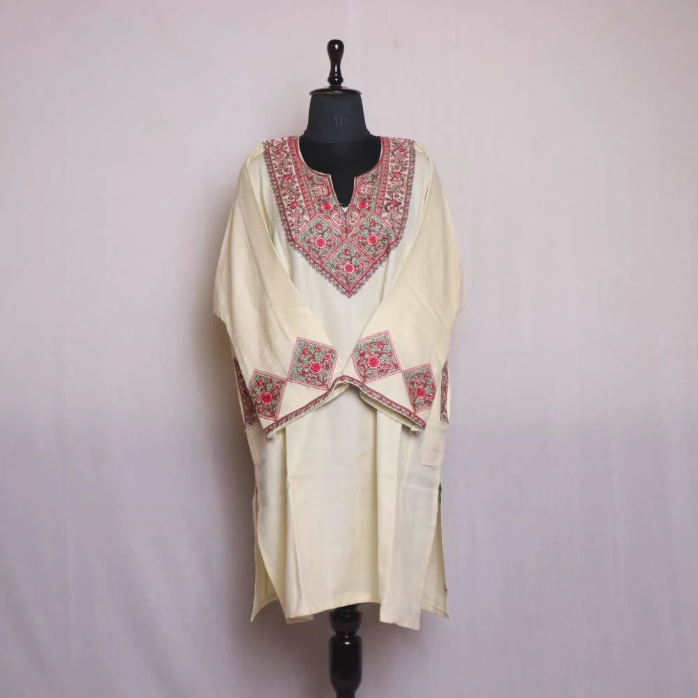 Graceful Cream Loose Pheran | Feran with Needle Embroidery and Sleeve ...