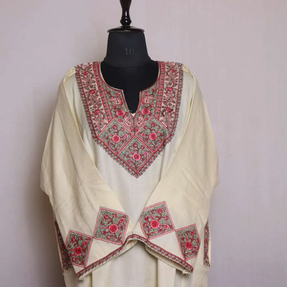 Graceful Cream Loose Pheran | Feran with Needle Embroidery and Sleeve ...