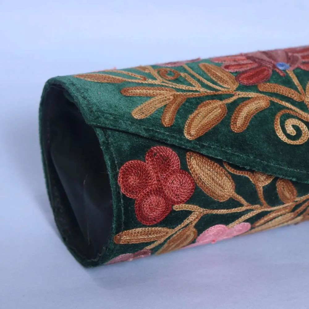 Kashmiri Dark Green Aari Embroidered Velvet Round Clutch Bag - Gyawun