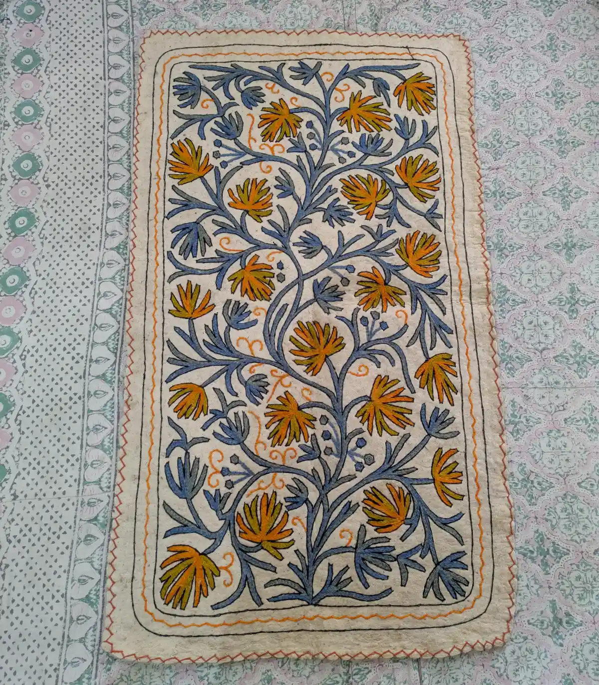Unique Kashmiri Wool Rug (Namda) with Yellow Floral Fine Aari Stitching ...