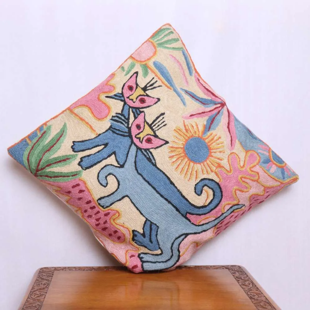 Blue-Pinkish Cat Designed Chain Stitch Cushion Cover 16*16 | Barzul ...