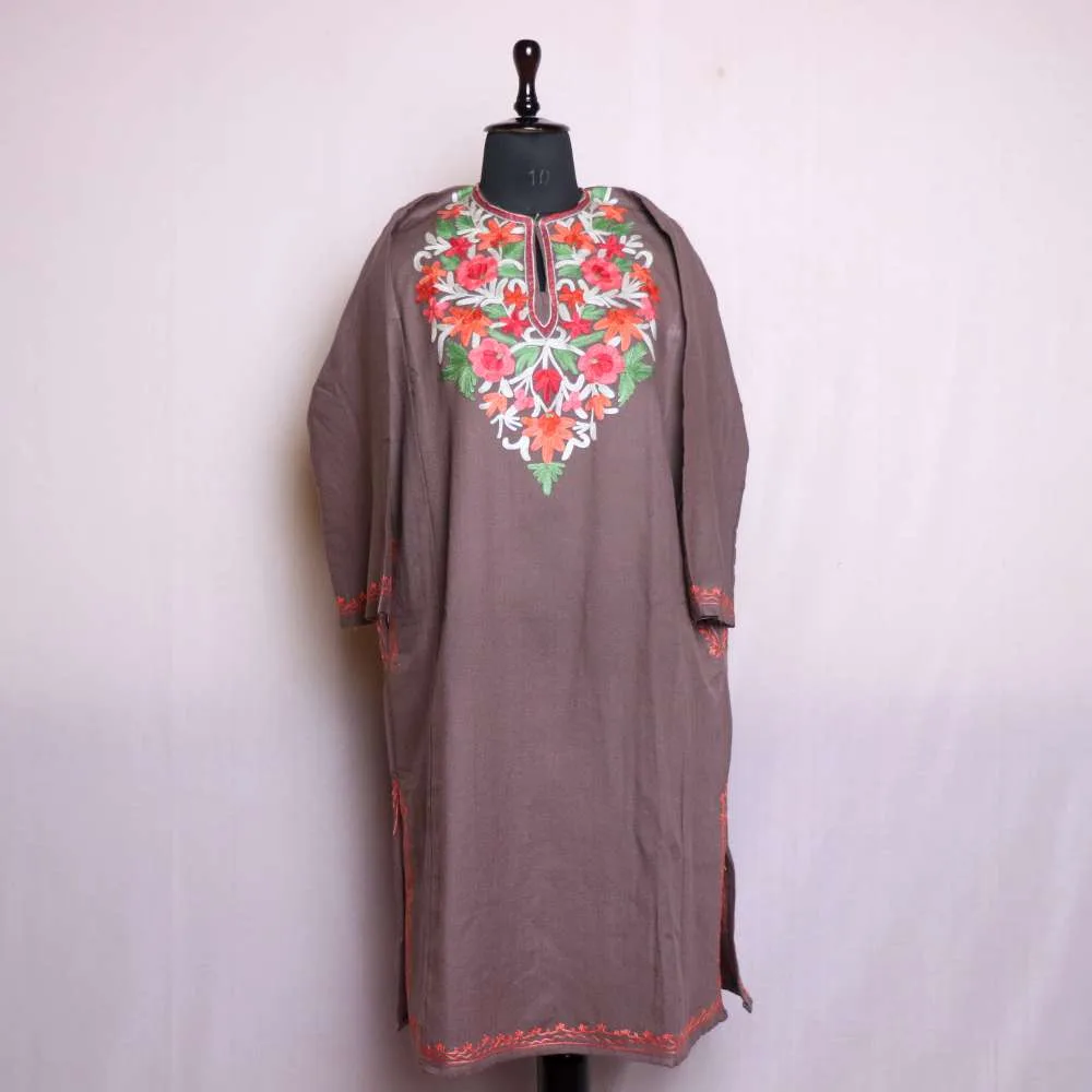Elegant Grey Cashmilon Pheran | Feran with Aari Embroidery - Nowhatta ...