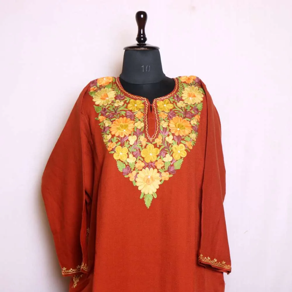 Rust Loose Cashmilon Pheran | Feran with Aari Embroidery - Nowhatta ...