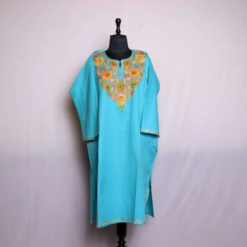Stunning Turquoise Blue Cashmilon Pheran | Phiran with Elegant Aari ...