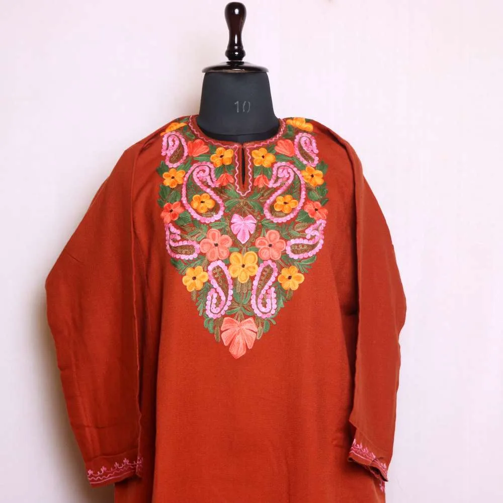 Classic Rust Aari Worked Pheran | Feran in Cashmilon Fabric - Nowhatta ...