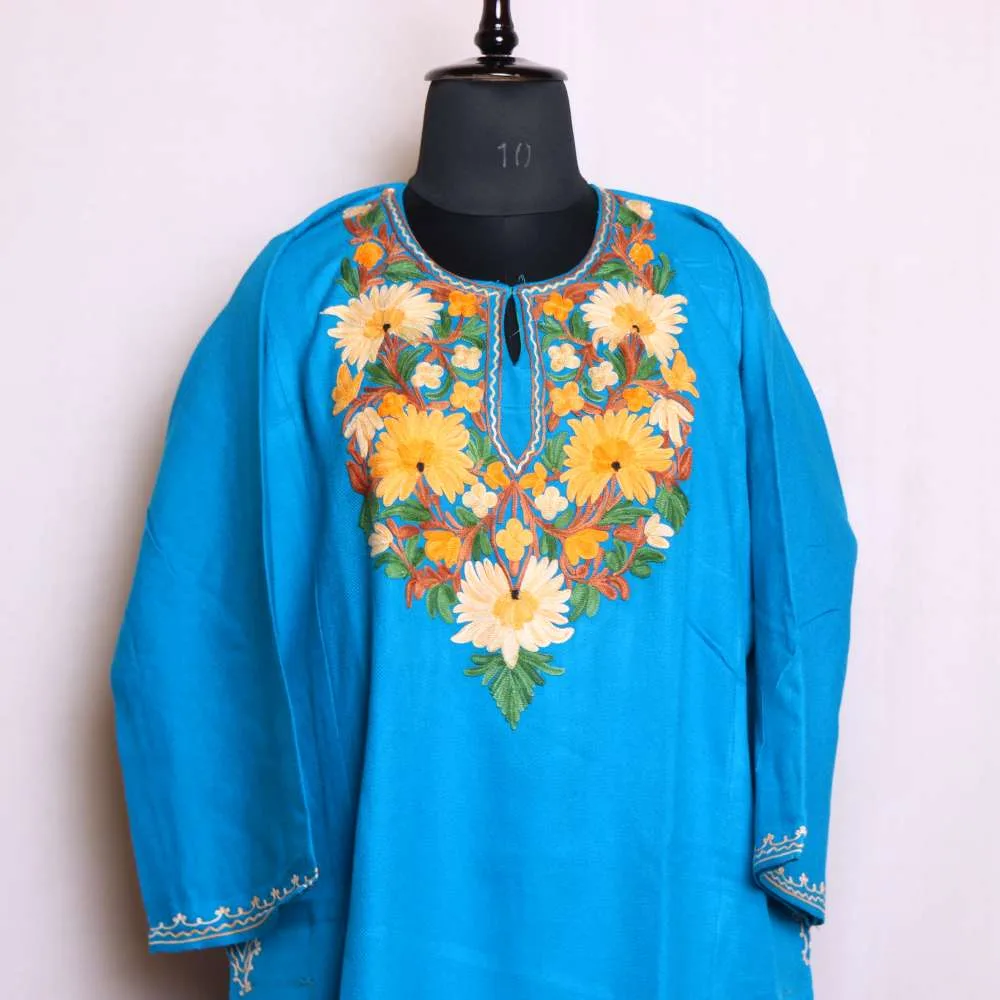 Vivid Sky Blue Cashmilon Fabric Pheran | Feran with Aari Embroidery ...