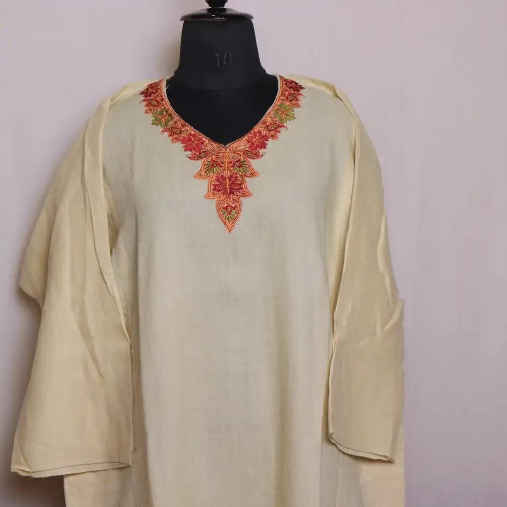 Cream Plain Raffal Needlework Loose Pheran for Winter Wear - Saidakadal ...