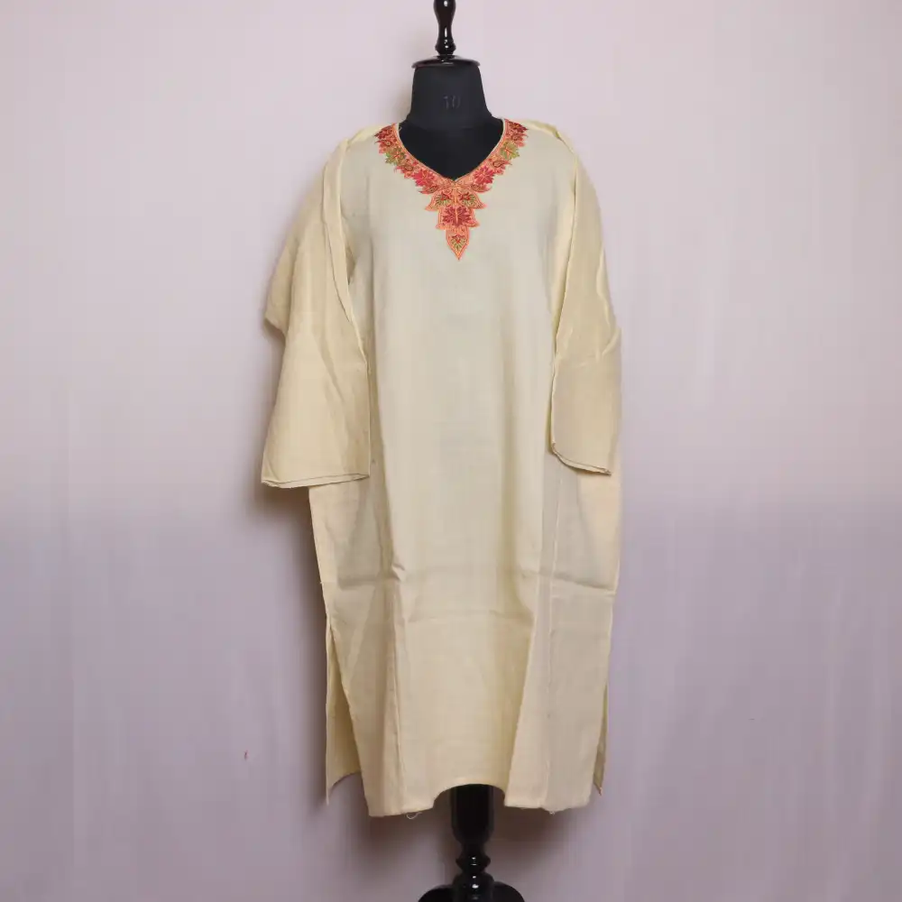 Cream Plain Raffal Needlework Loose Pheran for Winter Wear - Saidakadal ...