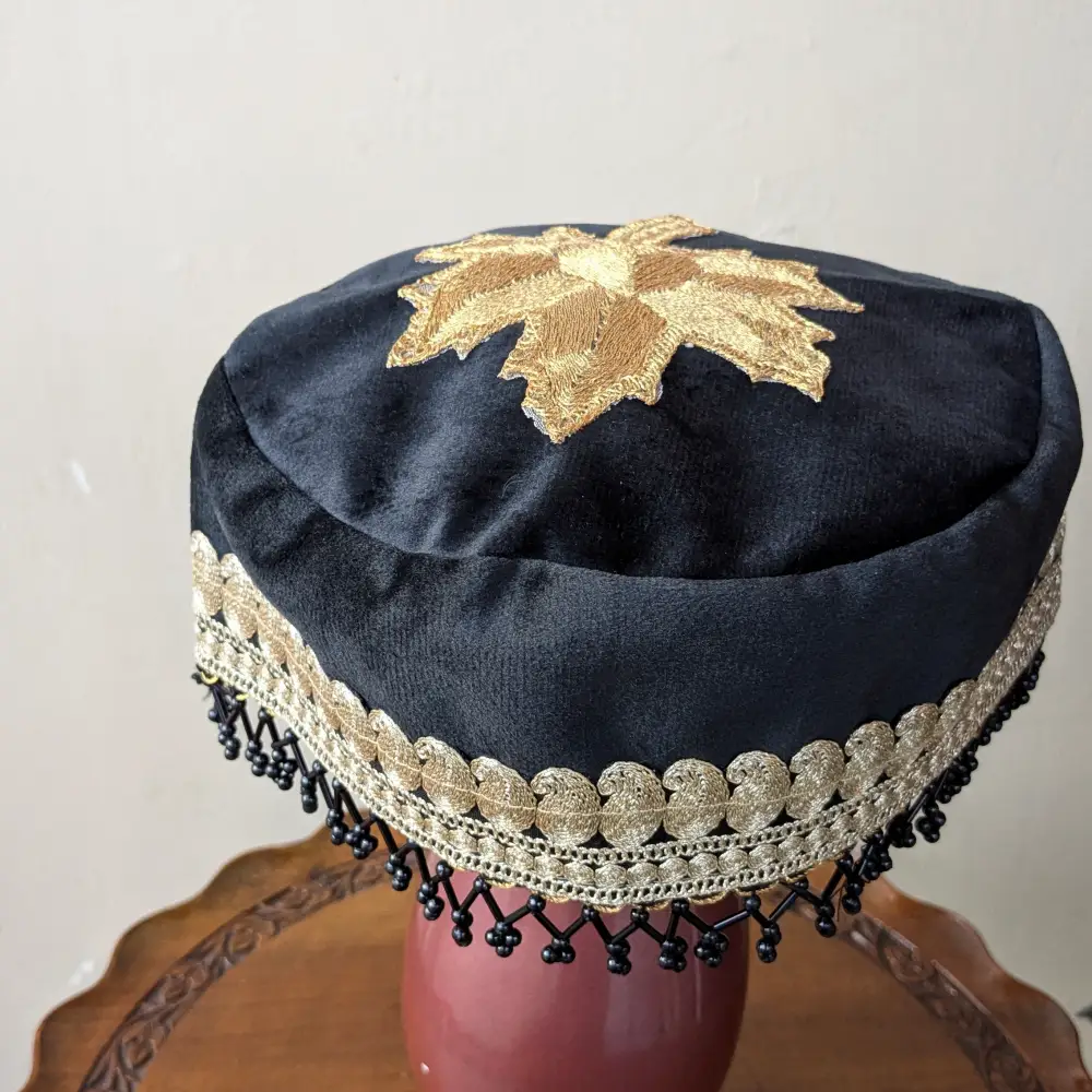 Charcoal Black Velvet Bridal Cap with Chinar Leaf Design on Top in ...