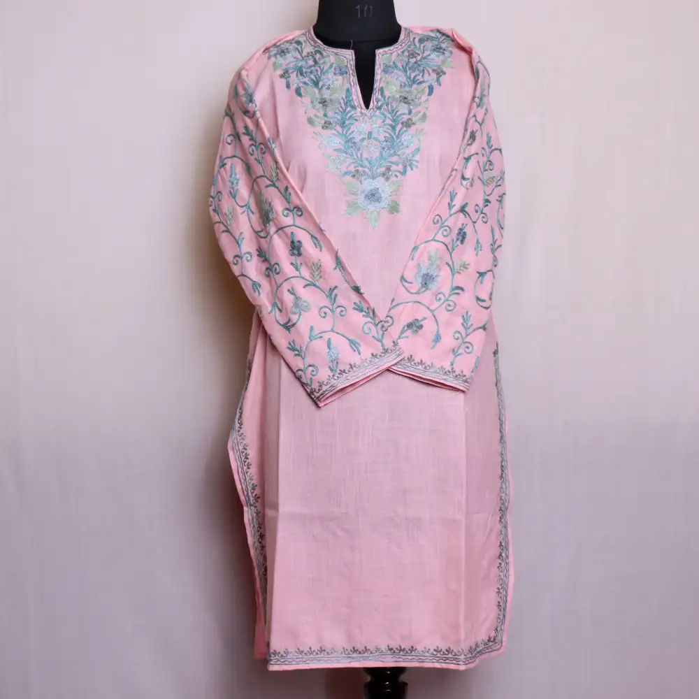 Light Pink Cotton Kurti with Elegant Aari Work on Sleeves - Zikar ...