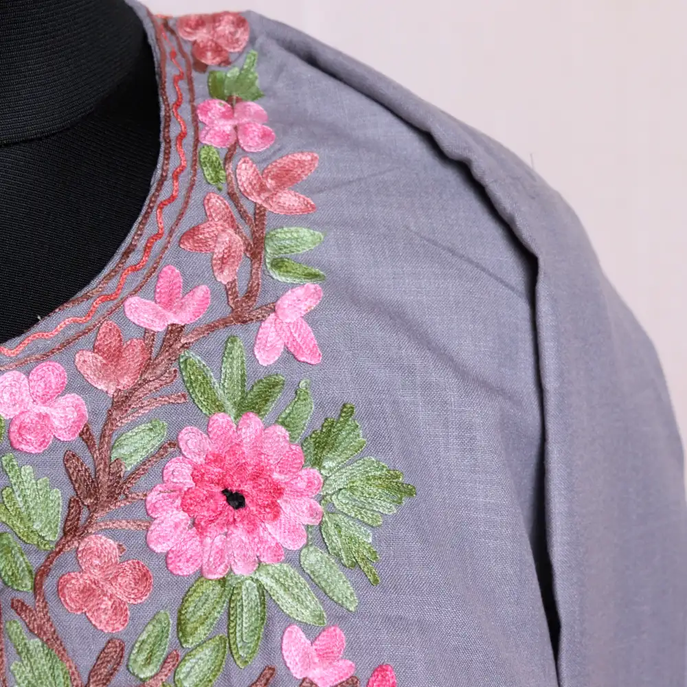 Lightweight Cotton Short Ash Grey Kashmiri Kurta with Elegant Aari ...