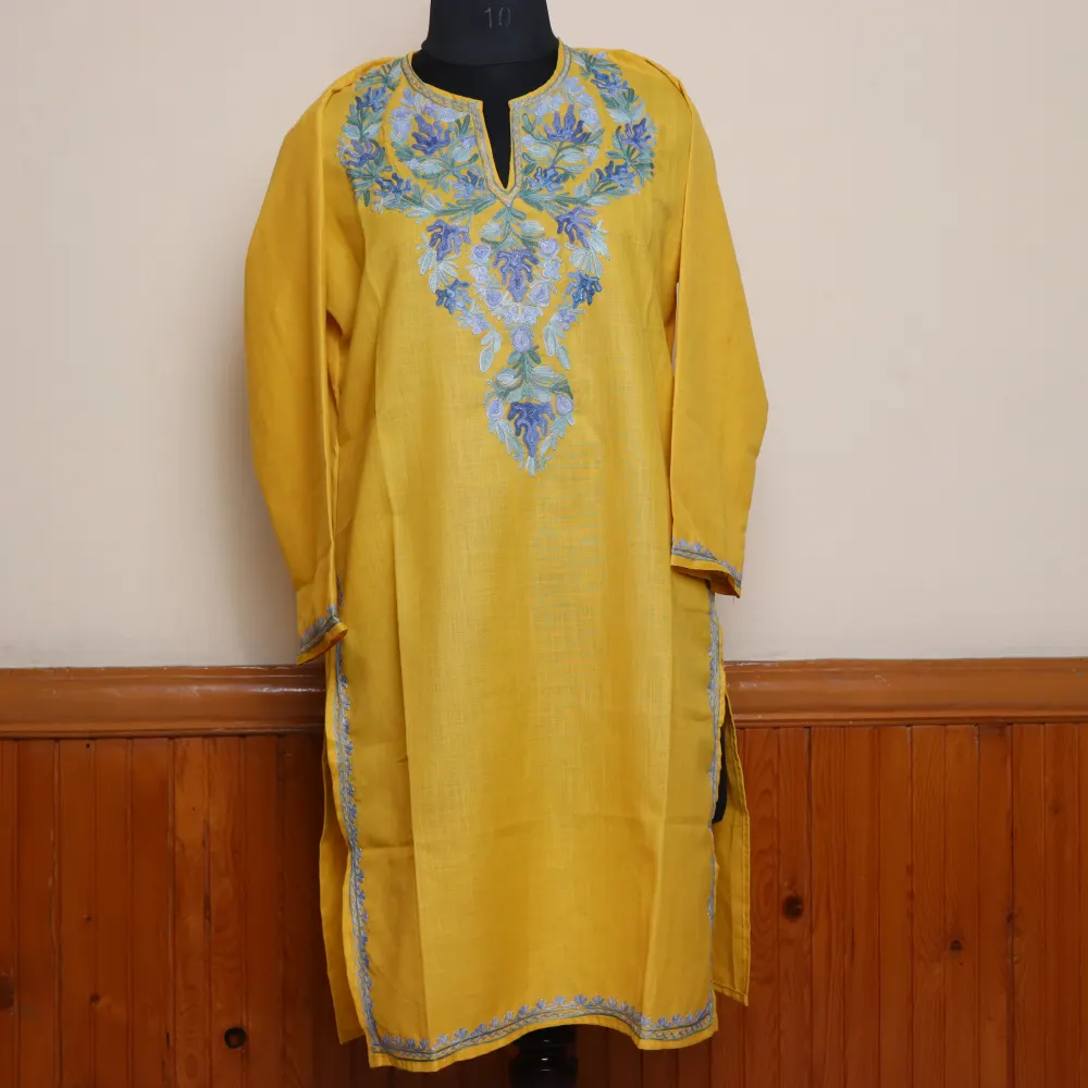 Long Kashmiri Cotton Mustard Color Kurti with Chinari Aari Work ...