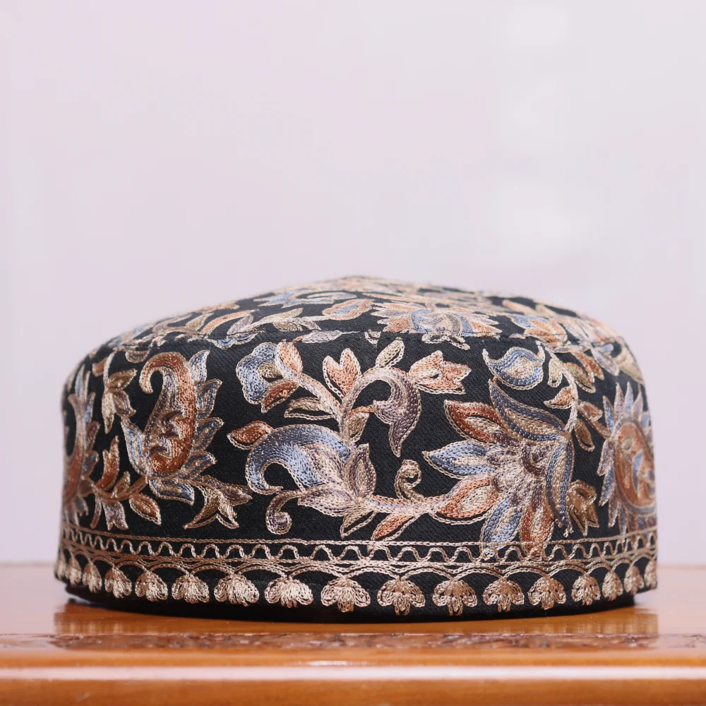Noor-i-Bagh – Traditional Kashmiri Black Cap with Aari Embroidered in ...