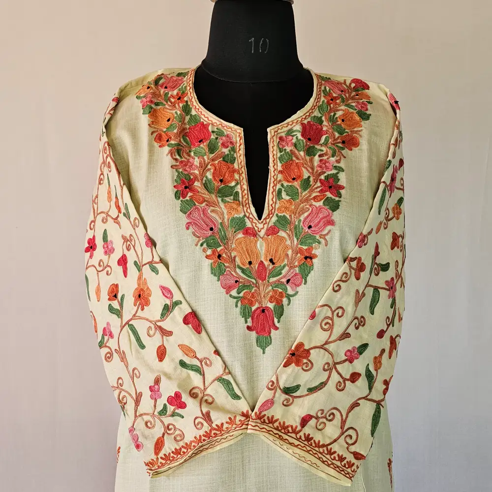 Pastel Color Kashmiri Long Cotton Kurti With Ari Embroidered Sleeves ...