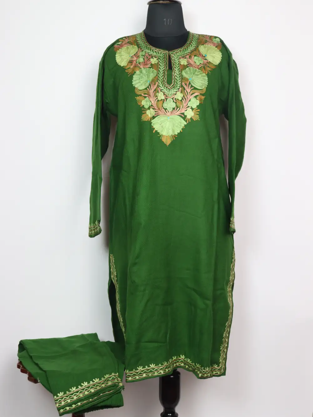 Green Mahir Cashmilon Wool Long Kurti Set with Aari Embroidery - Gyawun