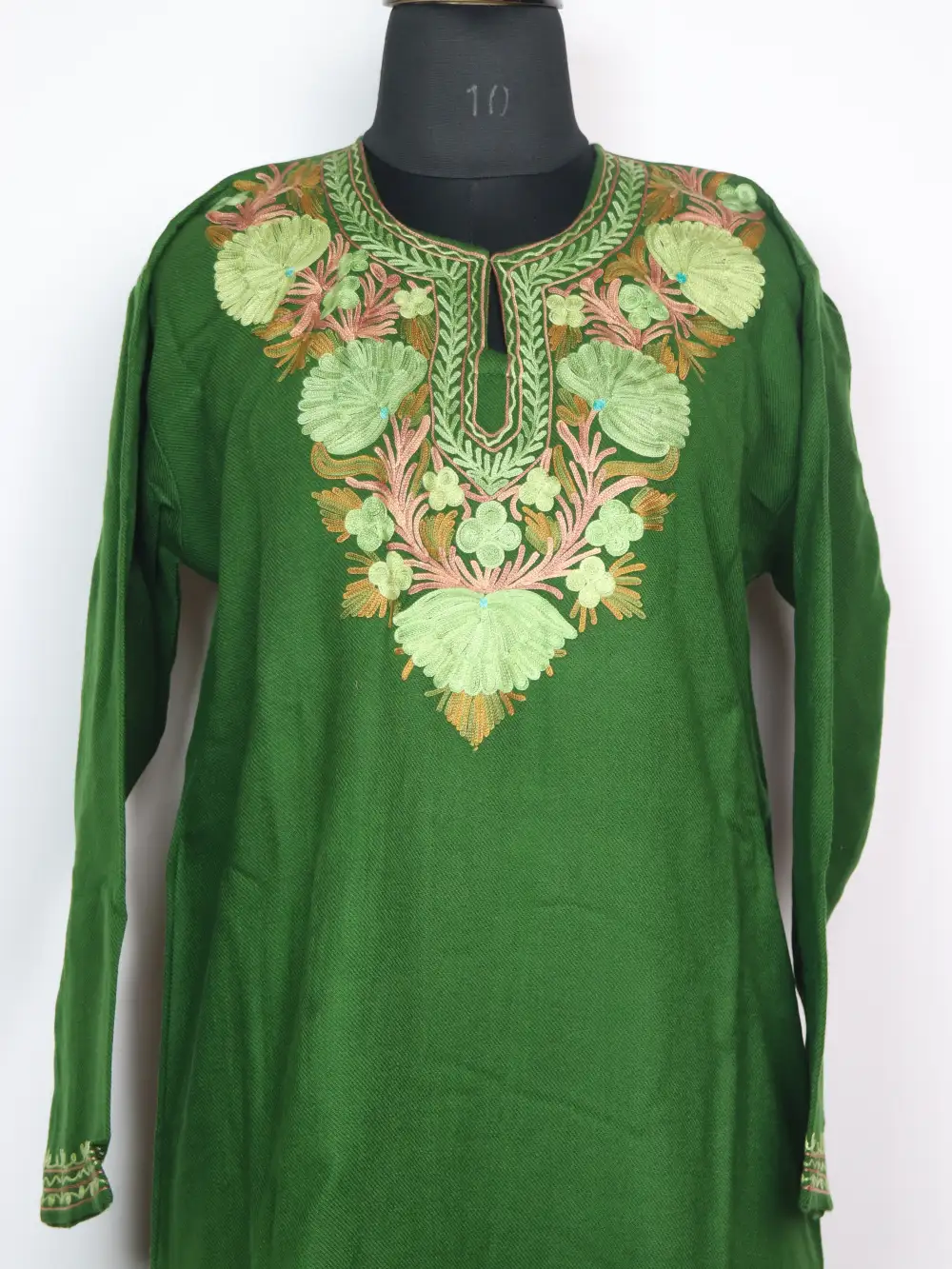 Green Mahir Cashmilon Wool Long Kurti Set with Aari Embroidery - Gyawun
