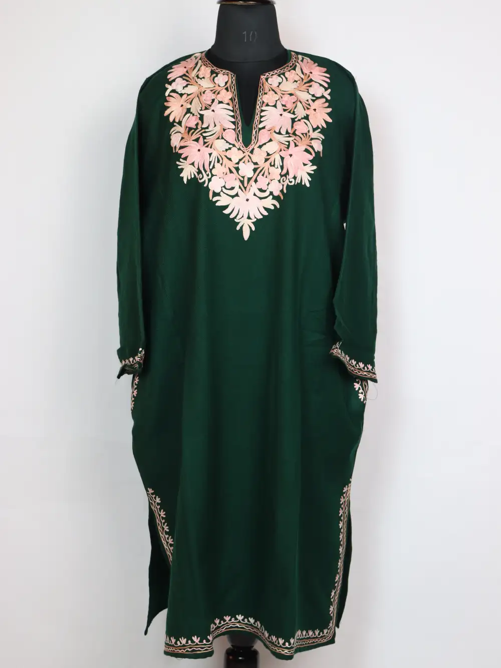 Dark Green Romanah Cashmilon Wool Pheran with Aari Work - Gyawun