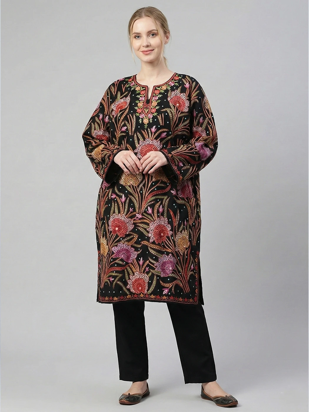 Handcrafted Black Raffal Wool Aari Embroidered Jama Pheran – Artisanal ...