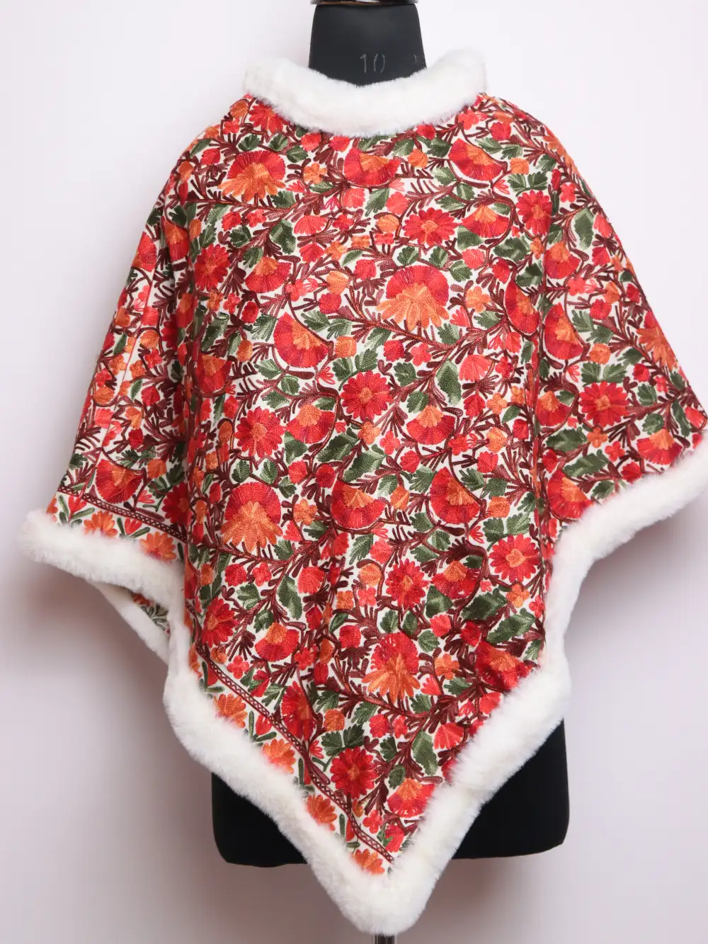 Jama Aari White Fur Poncho Embroidered Fiza in Cashmilon Wool - Gyawun