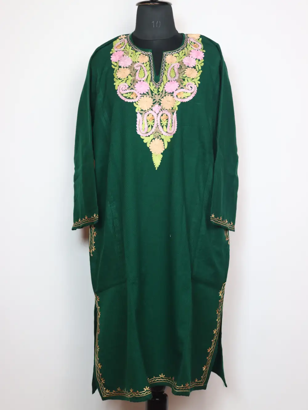 Dark Green Cashmilon Wool Pheran with Aaram Aari Embroidery - Gyawun