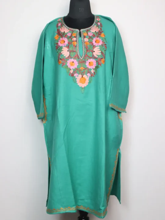 Cashmilon Wool Sea Green Jannat Pheran with Aari Embroidery - Gyawun