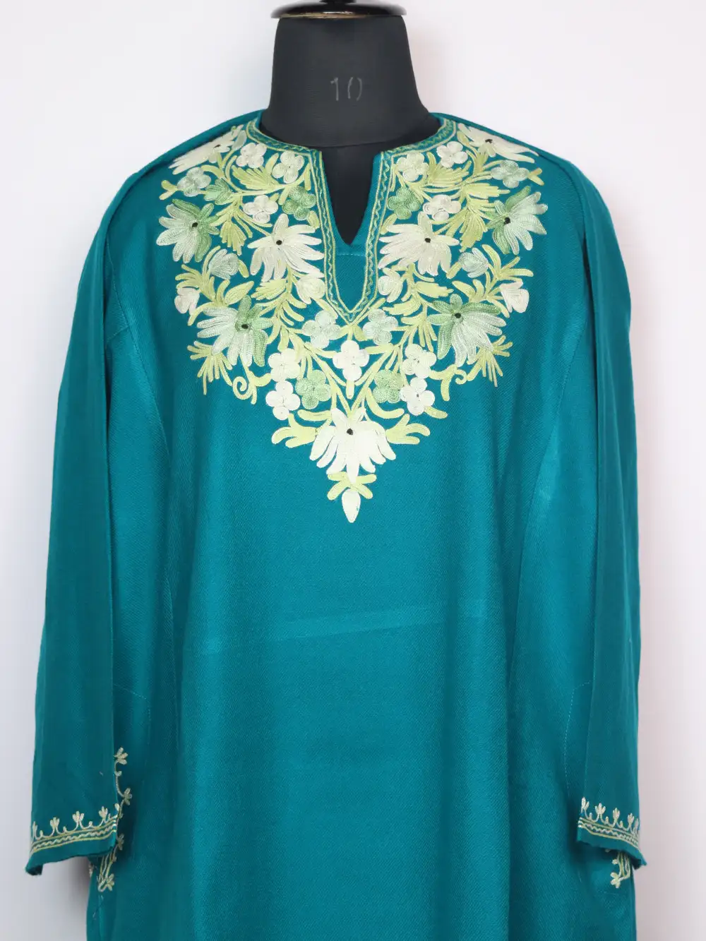 Aqs Cyan Green Cashmilon Wool Pheran Dress with Aari Embroidery - Gyawun