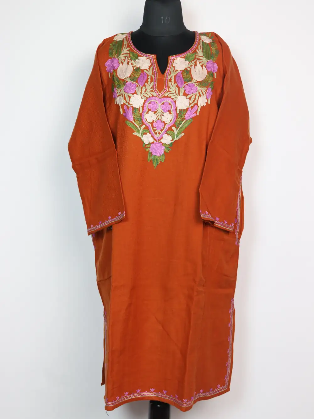 Loose Cashmilon Wool Rust Hawal Pheran with Aari Embroidery - Gyawun