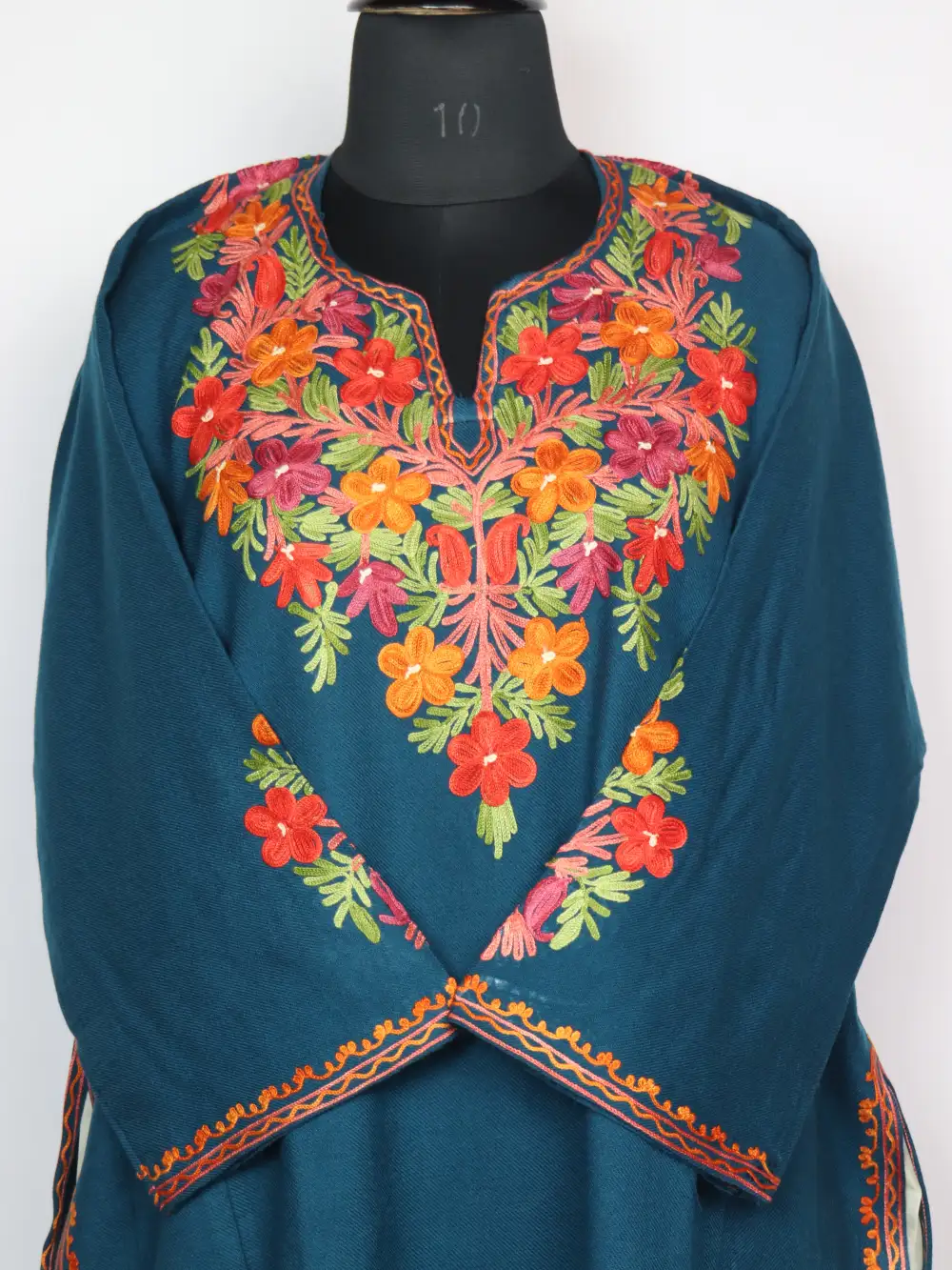 Rekhta Cashmilon Wool Teal Blue Pheran with Front Back Aari Embroidery ...