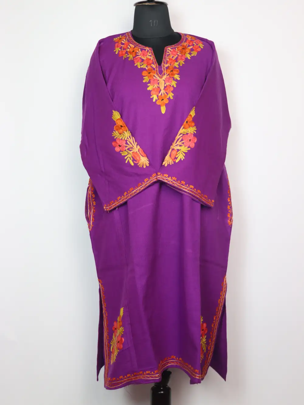 Purple Woolen Pheran in Cashmilon Pamposh with Aari Embroidery - Gyawun
