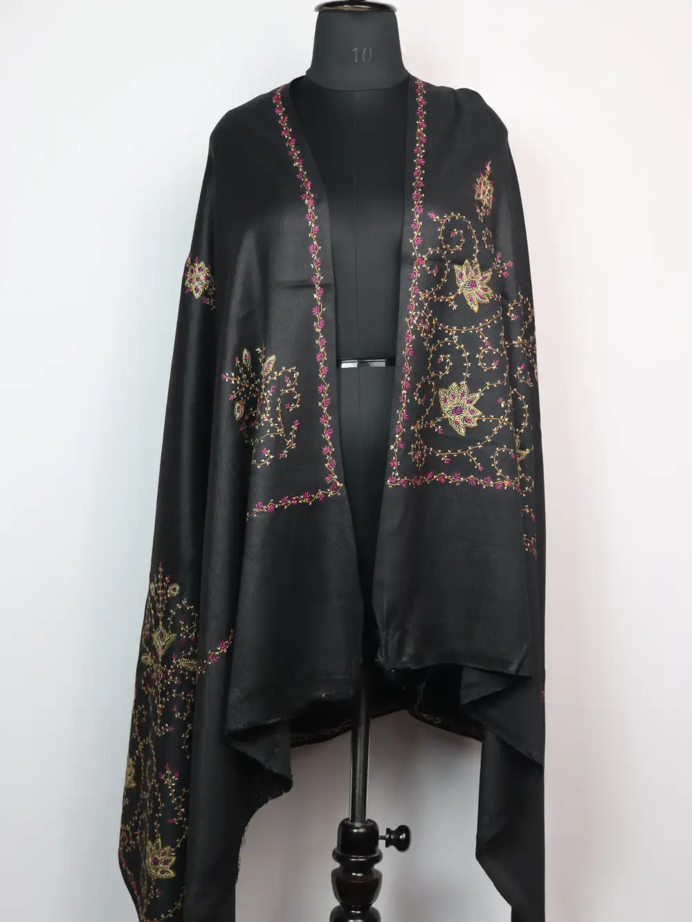 Black Cashmilon Wool Shawl with Hand Sozni Embroidery Zareen - Gyawun