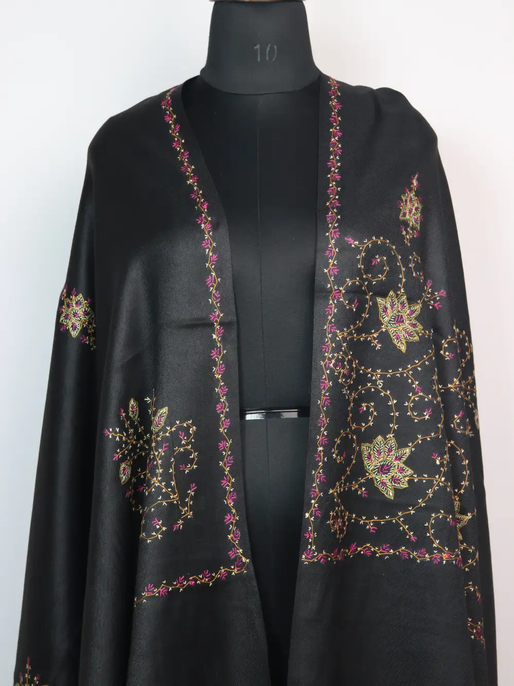 Black Cashmilon Wool Shawl with Hand Sozni Embroidery Zareen - Gyawun
