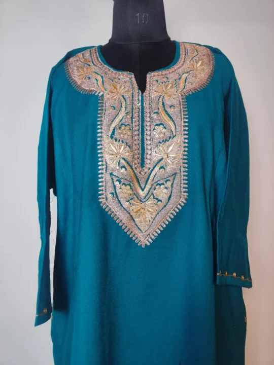 Oceanic Green Cashmilon Wool Pheran with Zari Embroidery - Gyawun