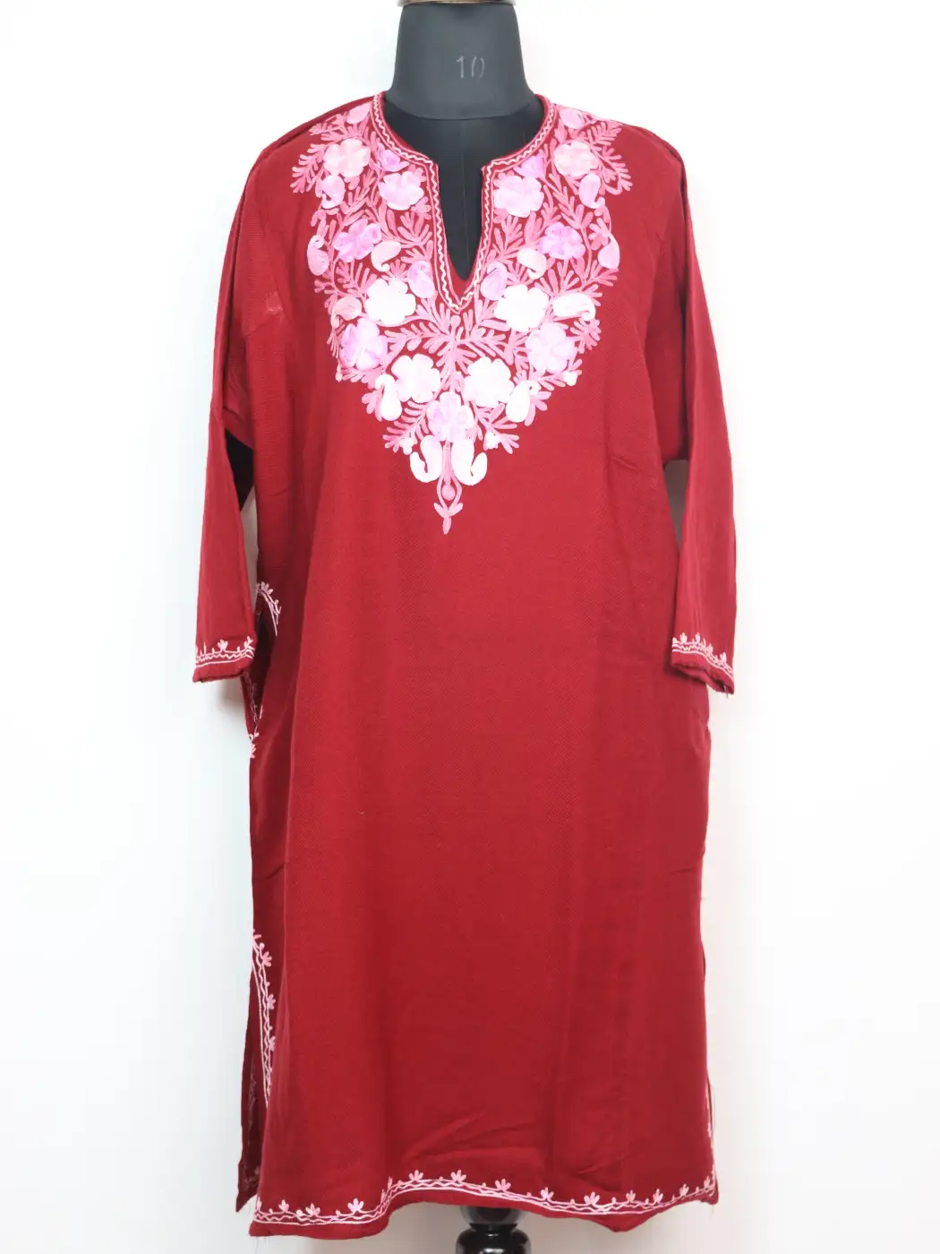 Maroon Cashmilon Wool Harwan Pheran With Aari Embroidery - Gyawun