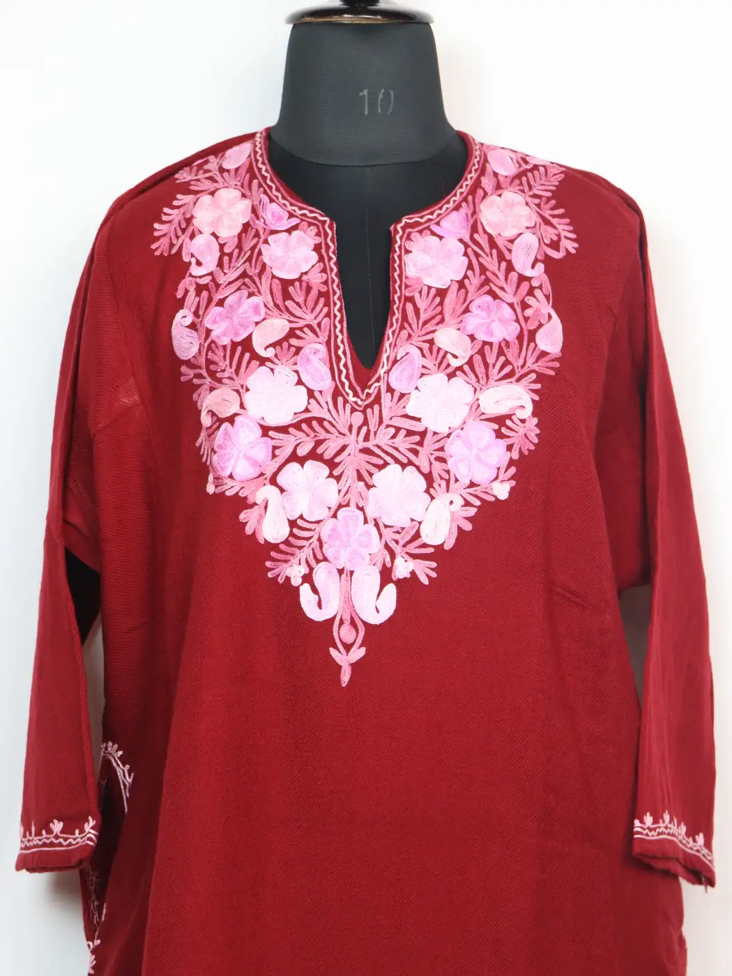 Maroon Cashmilon Wool Harwan Pheran With Aari Embroidery - Gyawun