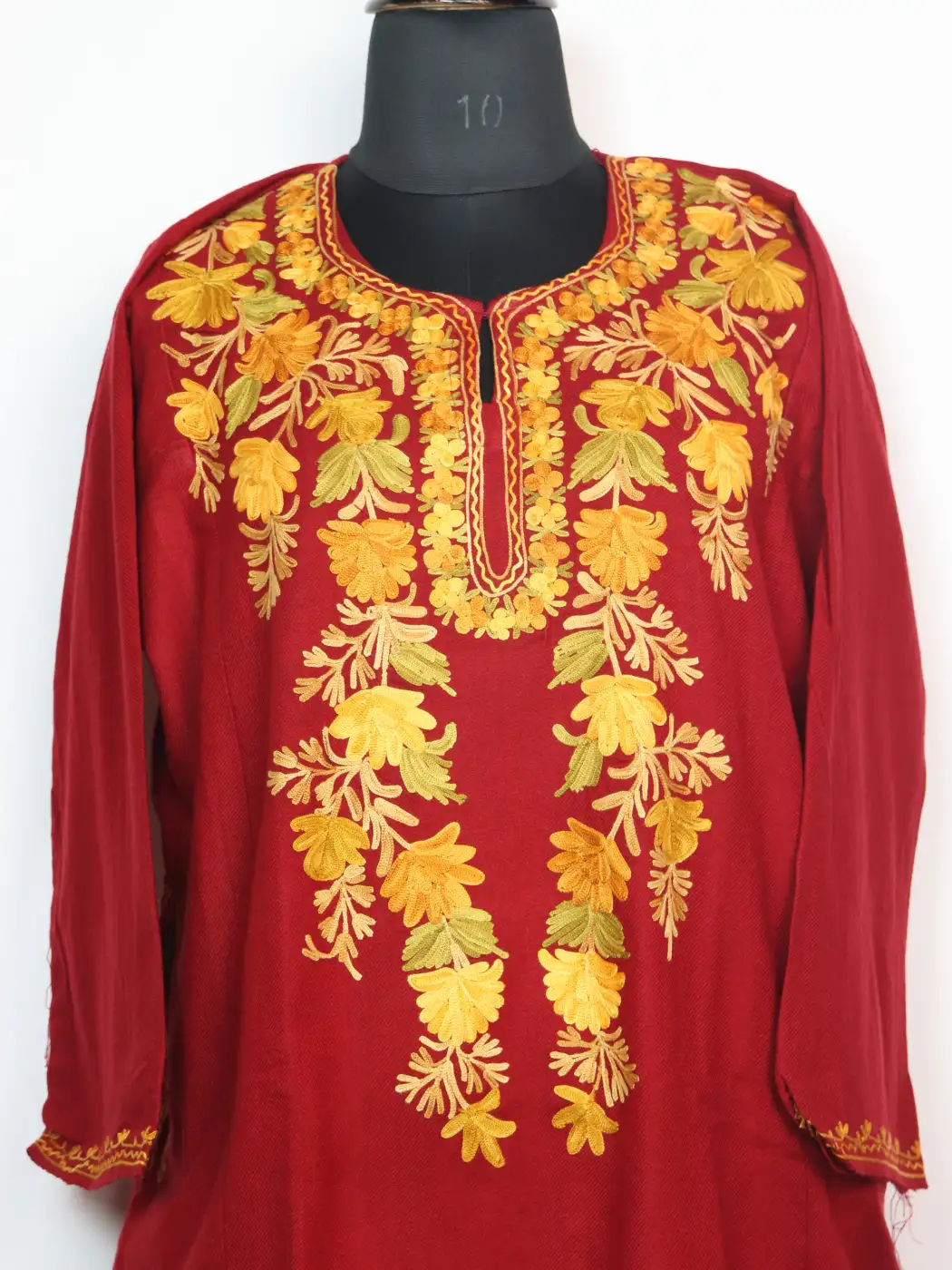 Maroon Harwan Cashmilon Wool Pheran With Aari Embroidery - Gyawun