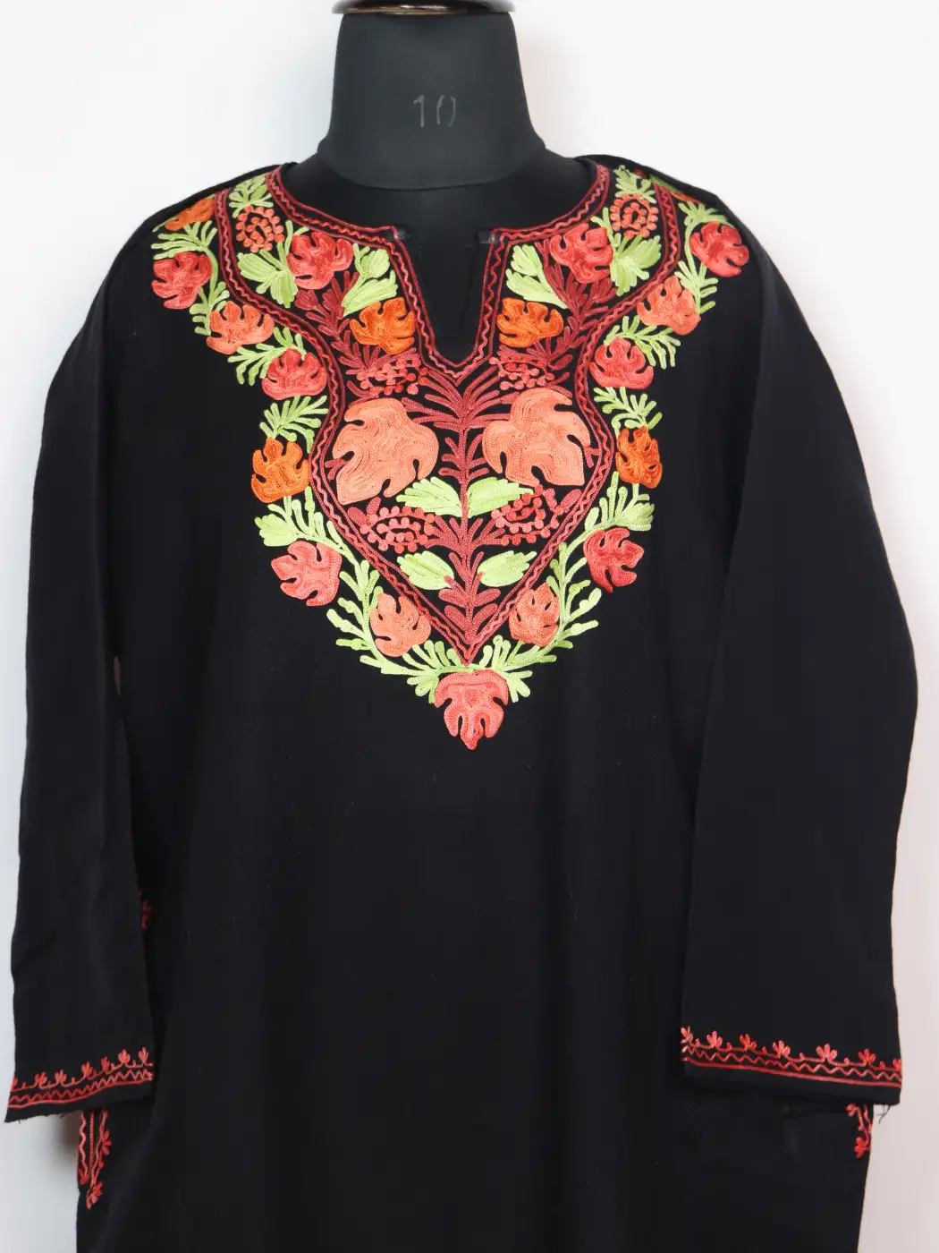 Shalimar Cashmilon Wool Black Pheran With Aari Embroidery - Gyawun
