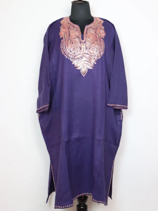 Loose Husn Raffal Wool Indigo Blue Pheran With Botte Tilla Embroidery ...