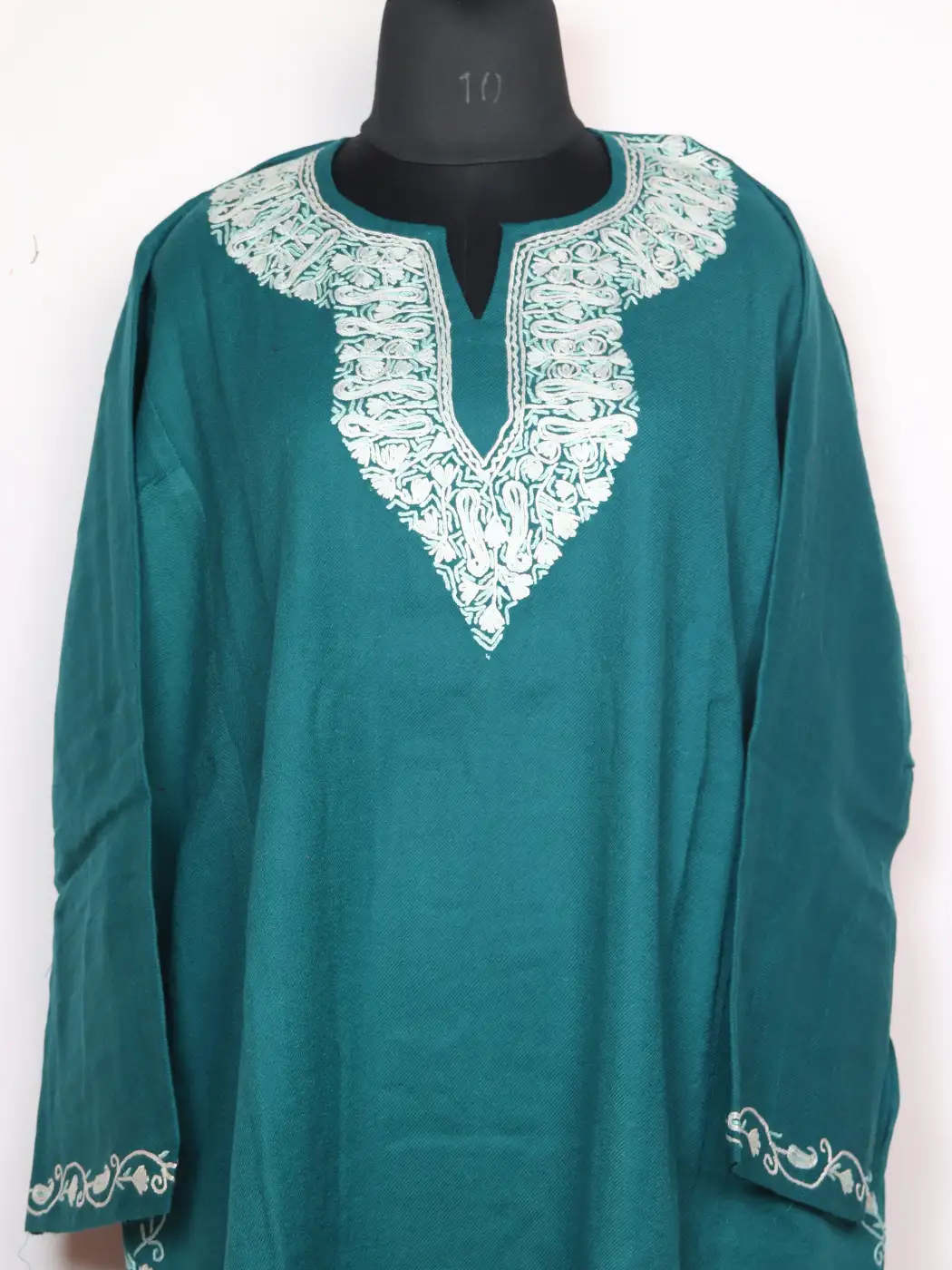 Sukoon Teal Green Raffal Wool Pheran with Raizkaar Hand Aari Work - Gyawun