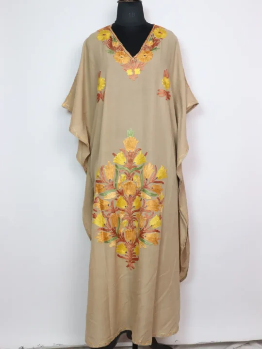 Afsana Light Brown Long Cotton Kaftan with Samina Aari Embroidery - Gyawun
