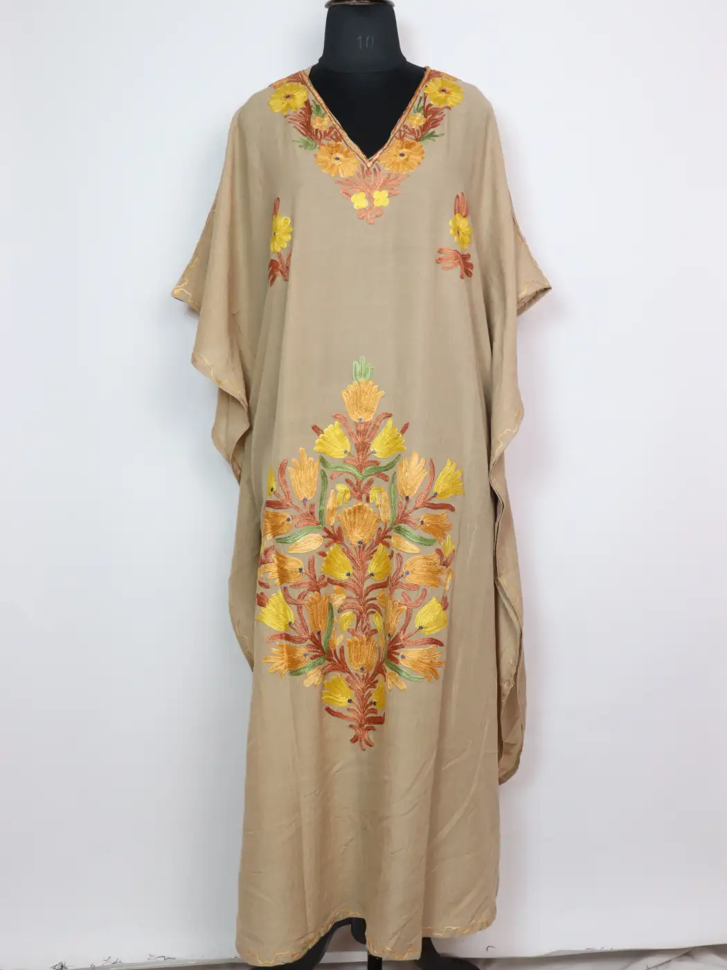 Afsana Light Brown Long Cotton Kaftan with Samina Aari Embroidery - Gyawun